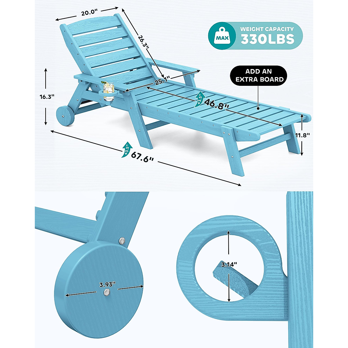 SERWALL Patio Chaise Lounge Chair Set of 2, 5 Positions Adjustable HDPE Outdoor Lounge Chair for Pool, Poly Lounge Chair with Rolling Wheels & Cup Holder for Poolside, Deck, Light Blue