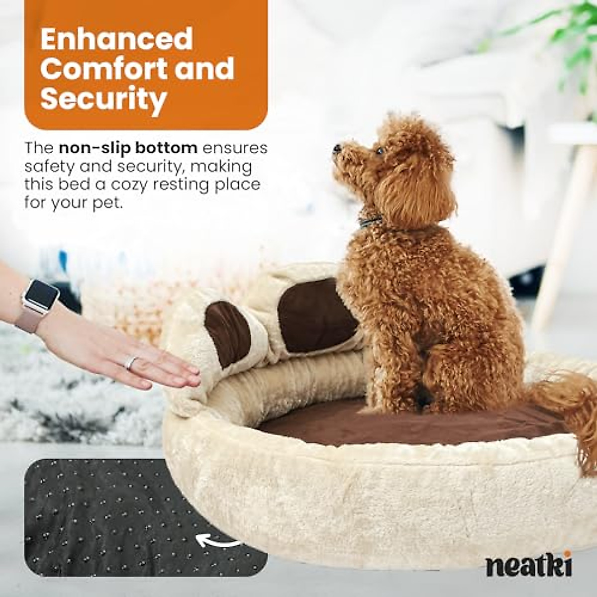 Neatki Orthopedic Ultra Soft, Cozy Plush Pet Bed (35" x 35.5" x 13.5"), for Medium to Large Dogs, Memory Foam, Water-Resistant, Removable Washable Cover, Nonskid Bottom (Brown, Paw-Shaped)