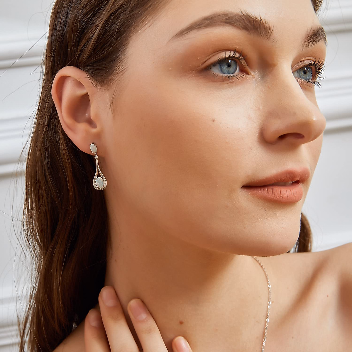 18K White Gold Plated Fire Opal Birthstone Gemstone Drop Earrings Dangle Earingings Dangly Jewelry Birthday Gifts Hypoallergenic for Women