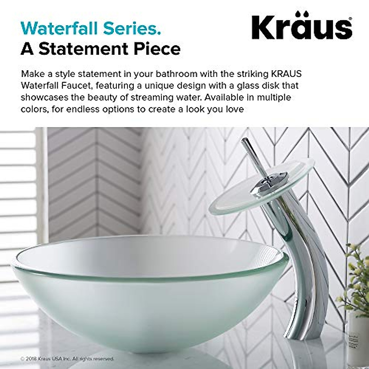 Kraus KGW-1700CH-FR Single Lever Vessel Glass Waterfall Bathroom Faucet Chrome with Frosted Glass Disk,Bronze