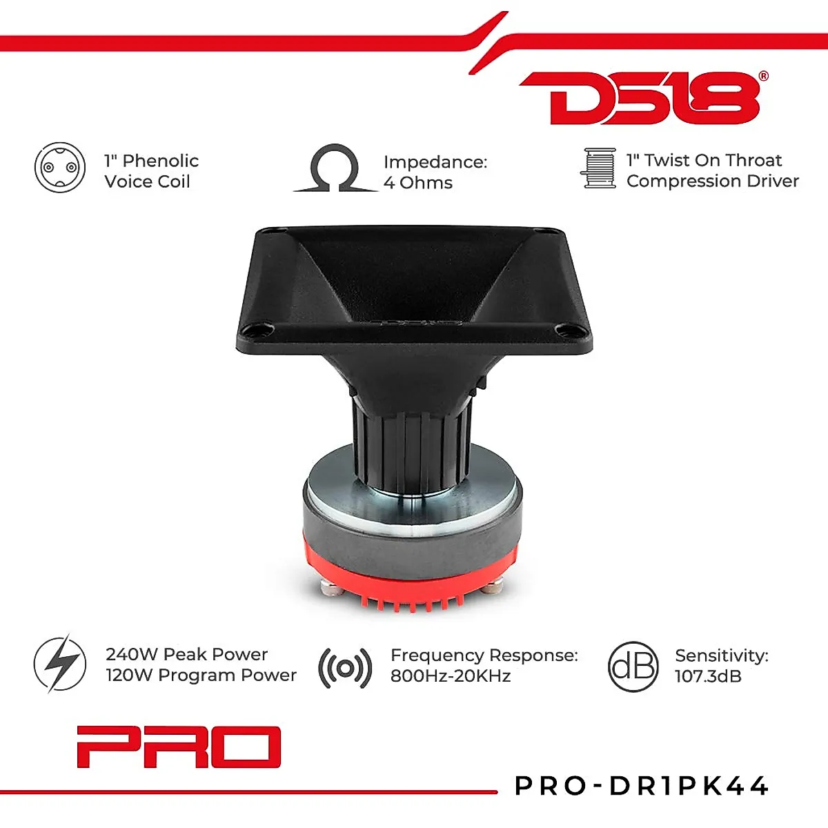 DS18 PRO-DR1PK44 1" Twist On Throat Compression Driver with 1" Phenolic Voice Coil and PRO-H44/BK Horn 240 Watts 8-ohm