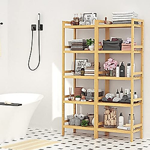 Bamboo Bathroom Shelf, 5-Tier Narrow Freestanding Tower Storage Shelves Adjustable Bookshelf Bookcase Unit for Bathroom/Living Room/Bedroom/Kitchen/Laundry Room, Easy Assembly,Natural