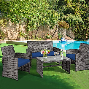 Toolsempire Outdoor Conversation Set, 4 Pieces Wicker Patio Furniture Set with Ergonomic Curved Design, Patio Chair Set with Water-resistant Cushion & Tempered Glass Table for Balcony,Porch(Navy Blue)