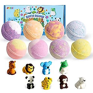 JOYIN Bath Bombs for Kids with Animal Eraser, 8 Pack Bubble Bath Bombs with Surprise Toy Inside, Natural Essential Oil SPA Bath Fizzies Set, Easter Gifts for Boys and Girls