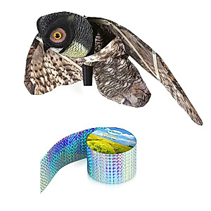 Elemu Owl Scarecrow Natural Moving Wings Plus Reflective Scare Tape Used as Bird and Rodent Repellent (150ft Roll)
