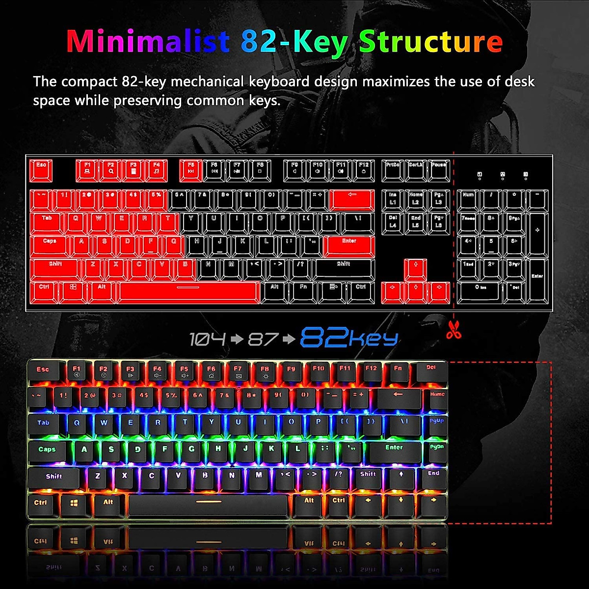 FELICON Mechanical Keyboard, 82 Keys Compact Rainbow Blacklight Wired Gaming Keybaord with Blue Switch, Anti-Ghosting, Small and Portable Composition with Windows PC Laptop Mac Game Office