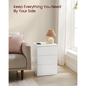VASAGLE Nightstand with Charging Station, 2 AC Outlets and 2 USB Ports, Bedside Table, Side Table with 3 Drawers, Modern Style, 13.8 x 15.7 x 23.2 Inches, Cloud White ULET631W16