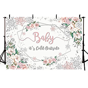 MEHOFOND Baby It's Cold Outside Backdrop Sliver Snowflake Girl Baby Shower Party Decorations Winter Wonderland Photography Background Snowfall Banner Blush Pink Floral Studio Props 7x5ft