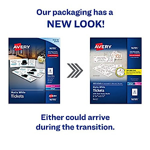 Avery Matte White Printable Tickets with Tear-Away Stubs, 1-3/4 x 5-1/2, Pack of 500 (16795)