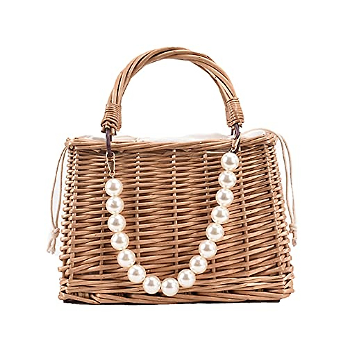 Pearl Handle Rattan Handbag, Straw Shoulder Bag Tote Bags, Mini Basket Handbag