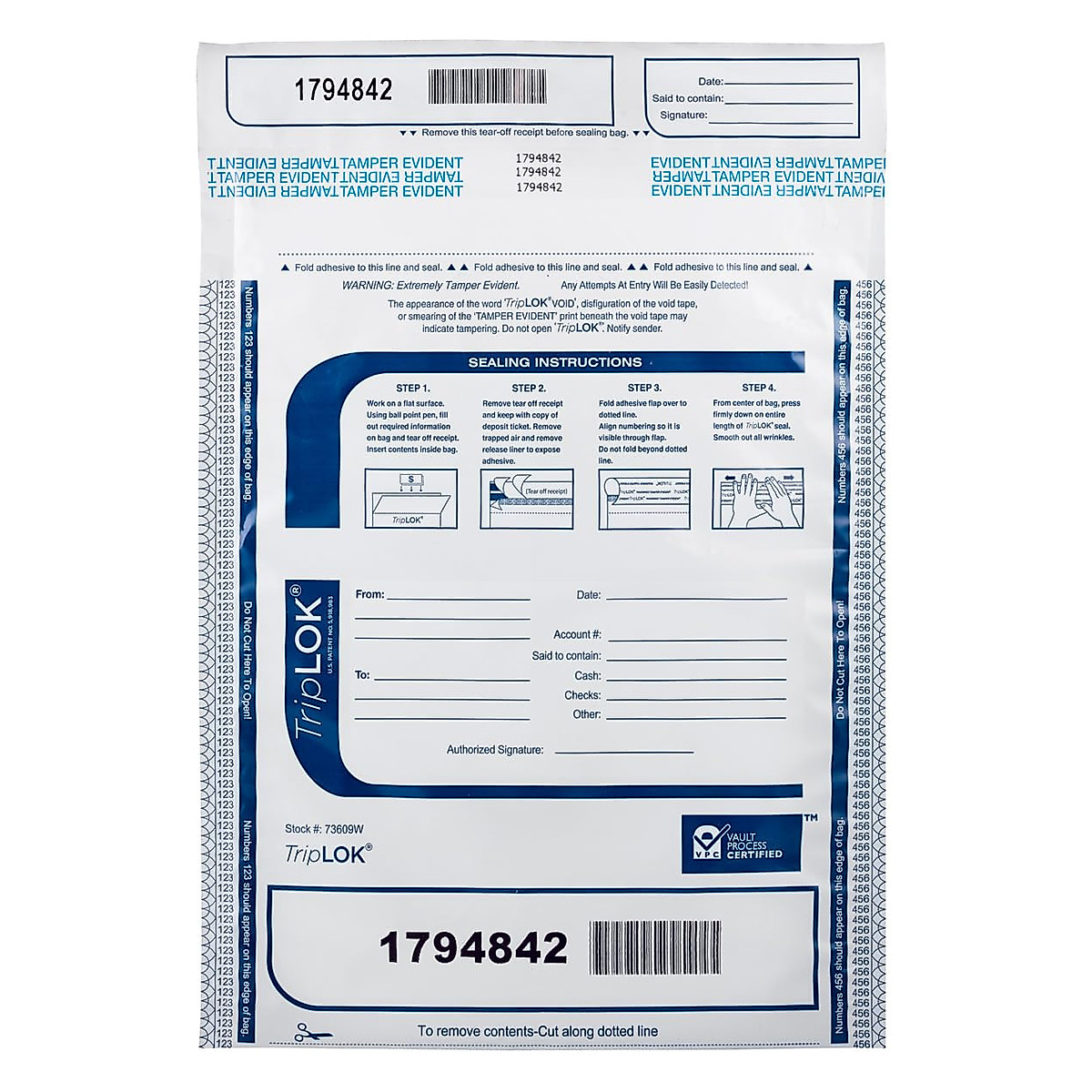 ControlTek TripLok 9" x 12", White with Pocket, 100 Bags, Tamper-Evident Deposit Bags for Cash Handling & Valuables, Moisture, Heat and Cold Sensitive Ink, Tear-off receipt + Large Barcodes 585036