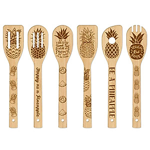 GLOBLELAND 6Pcs Pineapple Bamboo Cooking Utensils Wooden Engraved Cooking Spoons Set Carving Kitchen Bamboo Spatula Set Wood Cooking Spoon for Kitchen Fun House Warming Gift