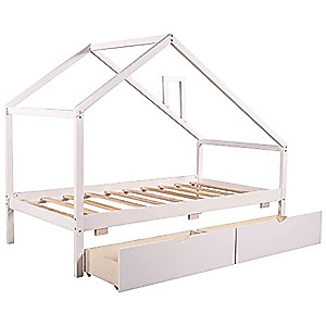 YuiHome Wooden Daybed for Kids Teen, Twin Size House-Shaped Daybed with Two Pull-Out Drawers and Roof, Can be Decorated,White