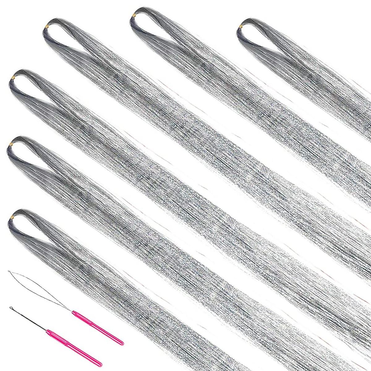 MISSUHUI Hair Tinsel Kit With Tools 48 Inch 1200 Strands Glitter Tinsel Hair Extensions Sparkling Shiny Hair Tinsel Strands Kit Heat Resistant for Women Girls 6Pcs (Silver)