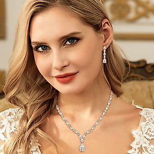EVER FAITH Wedding Jewelry for Bride Cubic Zirconia Charming Water Drop Bridal Pendant Necklace Earrings Set Clear Silver-Tone