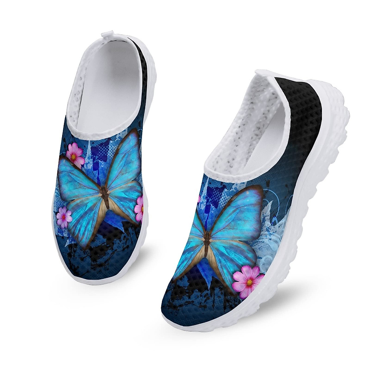GOSTONG Blue Butterfly Print Womens Tennis Shoes Floral Trainers Summer Fashion Sneaker Comfortable Breathable Athletic Shoe Light Weight Memory Foam Mesh Shoes