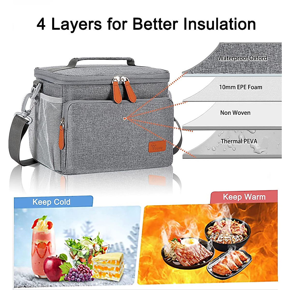 Voova Large Lunch Bag 12 Can (10L) Insulated Leakproof Soft Lunch Box for Adult Men Women, Collapsible Portable Small Cooler Bag Bento Lunchbox for Work Beach Picnic Camping, Grey