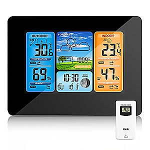 Wireless Weather Station Indoor Outdoor Thermometer, Home Digital Wireless Color Forecast Station Temperature and Humidity Monitor Alerts, Barometer - Black