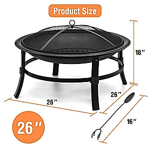 26'' Fire Pit Wood Burning fire Pit Outdoor Fire Pits Steel BBQ Grill Firepit Bowl with Mesh Spark Screen Cover Log Grate Wood Fire Poker for Camping Picnic Garden Backyard Bonfire Patio Beaches