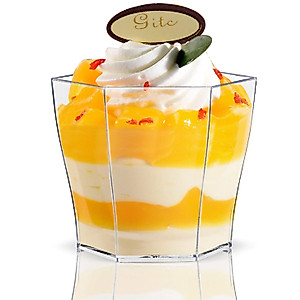 Lawei 100 pack 2 oz Plastic Dessert Cups with 100 Plastic Spoons - Hexagonal Mini Bowl Disposable Bowls for Chocolate Desserts, Appetizers, Dessert Samplers, Dessert Shot Glasses & More