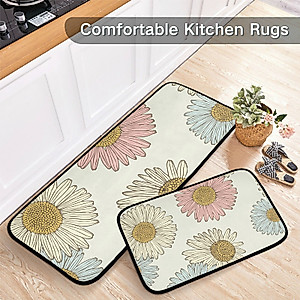 BOENLE Blooming Daisy Kitchen Rugs and Mats Non Skid Washable Kitchen Rug Set 2 Piece Carpet Ergonomic Comfort Standing Mat for Kitchen,Bathroom, Laundry