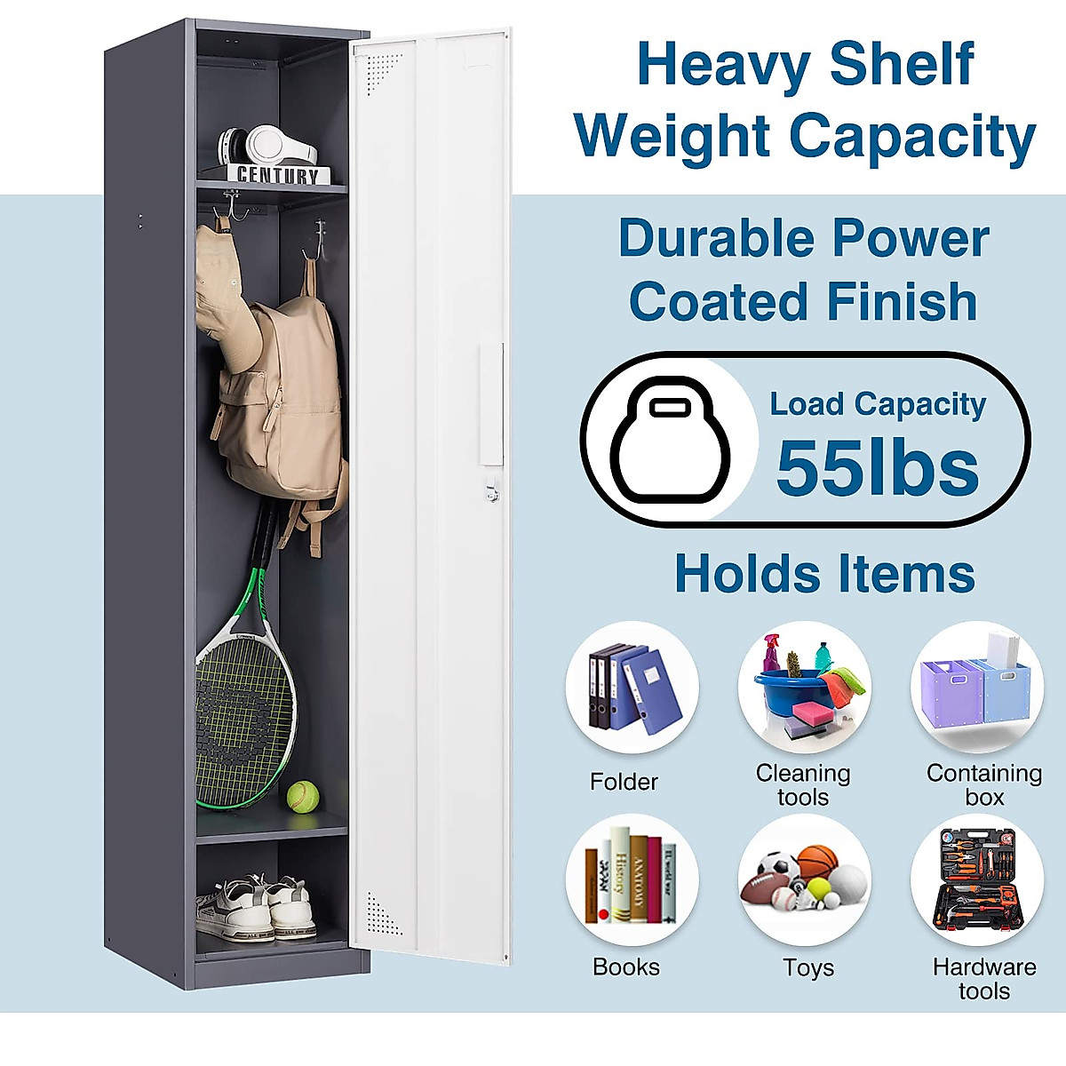 PEUKC Metal Storage Locker, 71" Tall Locker Storage Cabinet for Employees, Steel Storage Cabinet Locker with Lock and Keys for School, Gym, Home, Office Staff(1 Door-Grey)