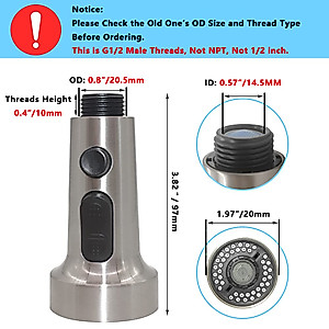 Hooshing Kitchen Sink Faucet Head Replacement 3 Function Pull Down Faucet Sprayer Head Nozzle Kitchen Faucet Head Hose Spray Tap Spout Only for G1/2 Connector, Brushed Nickel