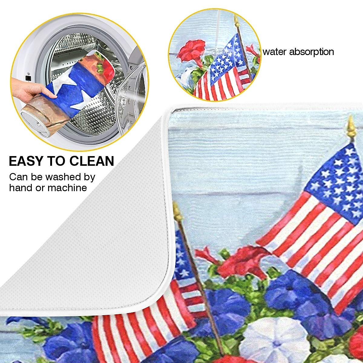 American Flag Spring Summer Flower Poppy Dish Drying Mat 18x24 for Kitchen Memorial Independence Day 4th of July USA Flag Dishes Pad Dish Drainer Rack Mats Absorbent Fast Dry Kitchen Accessories