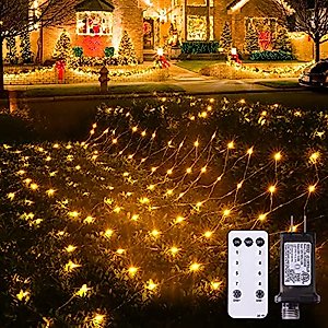 Christmas Net Lights with Remote, 198 LED 9.8ft x 6.6ft Outdoor Mesh String Lights Waterproof, 8 Modes Connectable Xmas Decorations for Bushes Tree Garden Wedding (White Wire, Warm Light)
