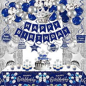 Navy Blue and Silver Birthday Decorations for Men Women, Blue Birthday Decorations for Men with Happy Birthday Banner Tablecloth Balloons Fringe Curtains Hanging Swirls Cake Toppers