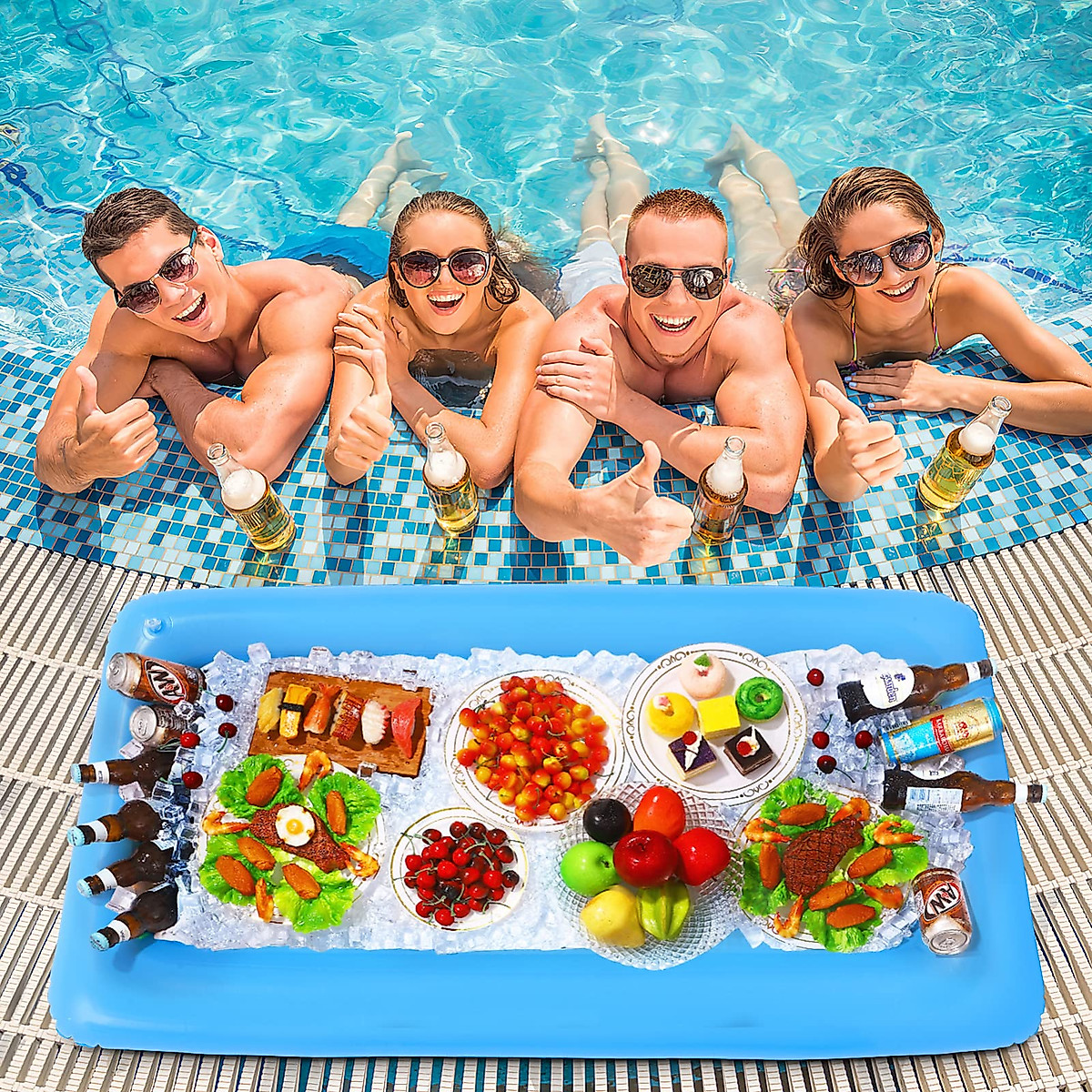 Hemoton 1 Set 2PCS Inflatable Pool Serving Bar and 3pcs Mesh Food Tent Set Drinking Buffet Tray Inflatable Ice Serving Buffet Bar Drinks Cooler Tray with Drain Plug (Blue)