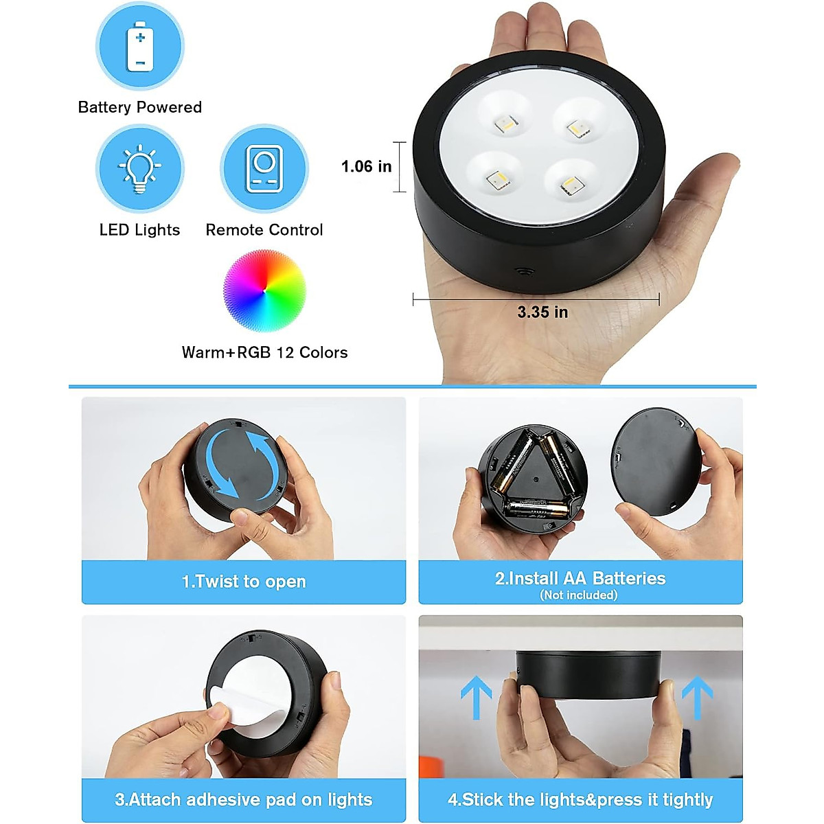 UNIWA LED Puck Lights with Remote,Under Cabinet Lights Wireless,13 Colors Changeable LED Closet Light Dimmable,AA Battery Powered Push Night Lights with Timer Function