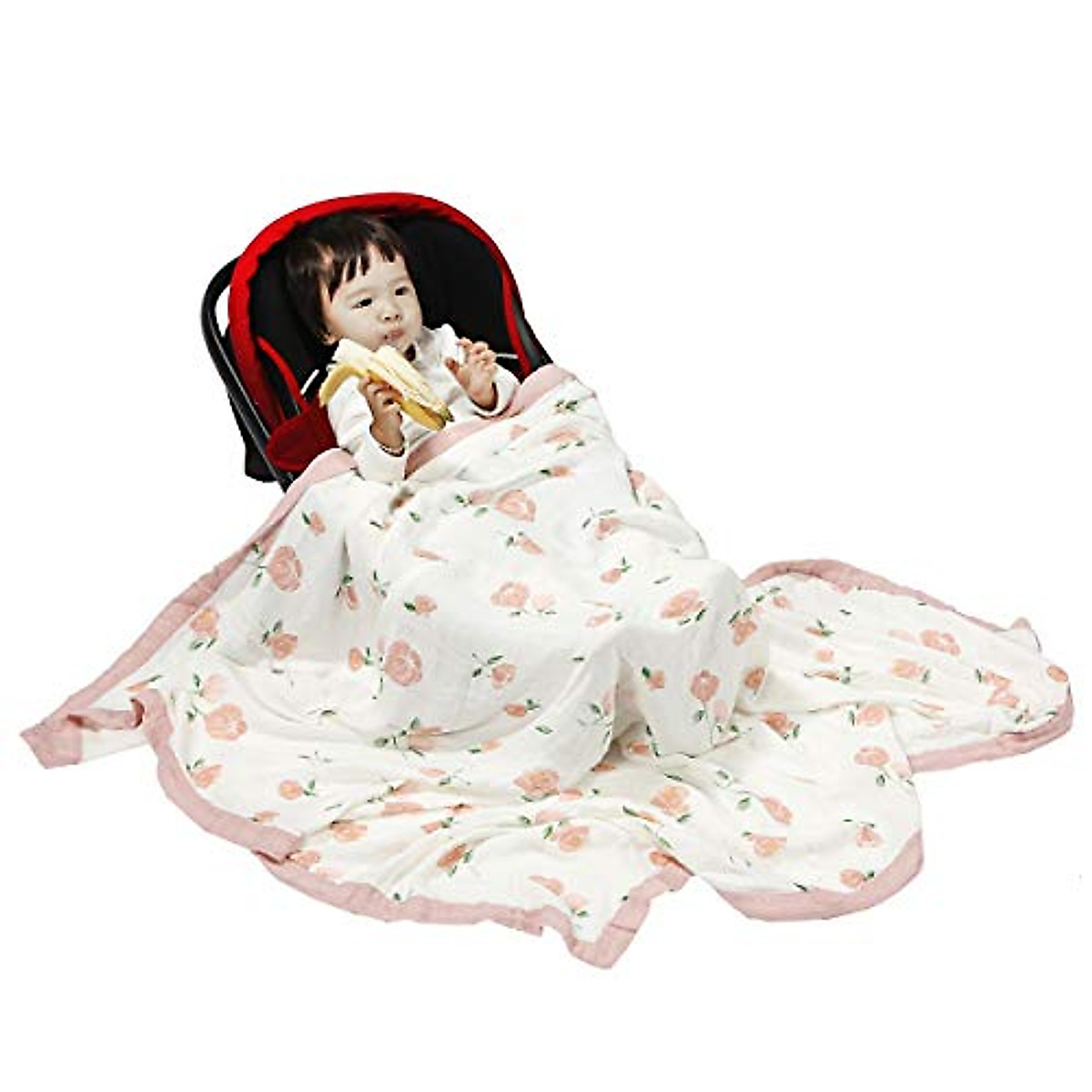 Monfish Muslin Baby Toddler Blanket- Large, Ultra-Soft Pink Rose Blanket for Girls- Baby Everything Blanket-Two Layer Stroller Blanket (Pink Rose)
