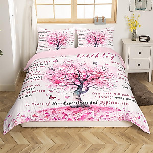 Birthday Gifts for Girls Bedding Sets Full, Sweet 21 Gifts for Girls Duvet Cover Happy Birthday Decorations Comforter Cover for Girls Women, 21th Birthday Gifts Ideas for Girls Bedspread Cover