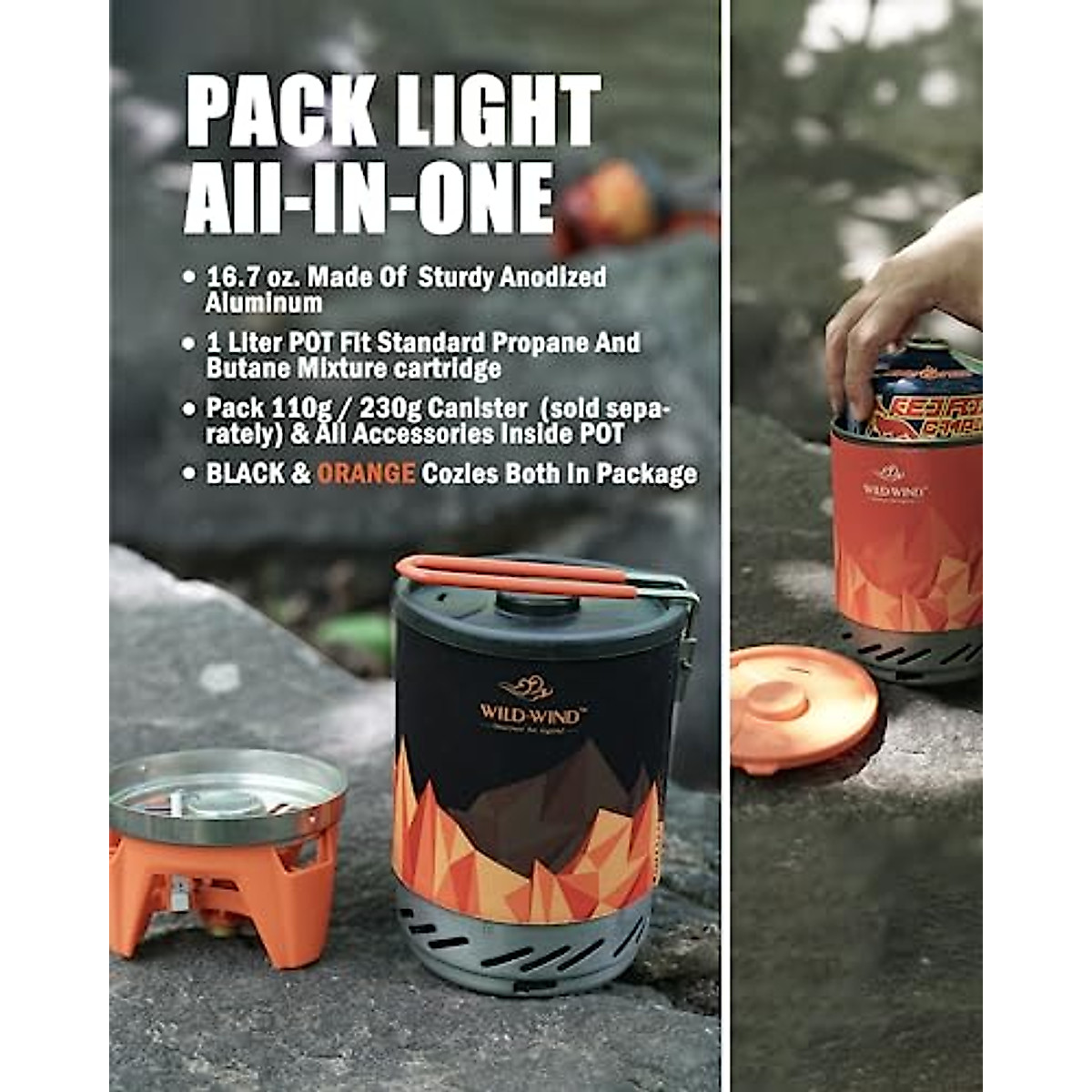Portable Backpacking Stove WILD-WIND X0 Lightweight Camping Stove Cooking System 1 Liter Pot, One-Piece Design Camp Stove Propane for Hiking, Fishing, Hunting Emergency & Survival (organe)