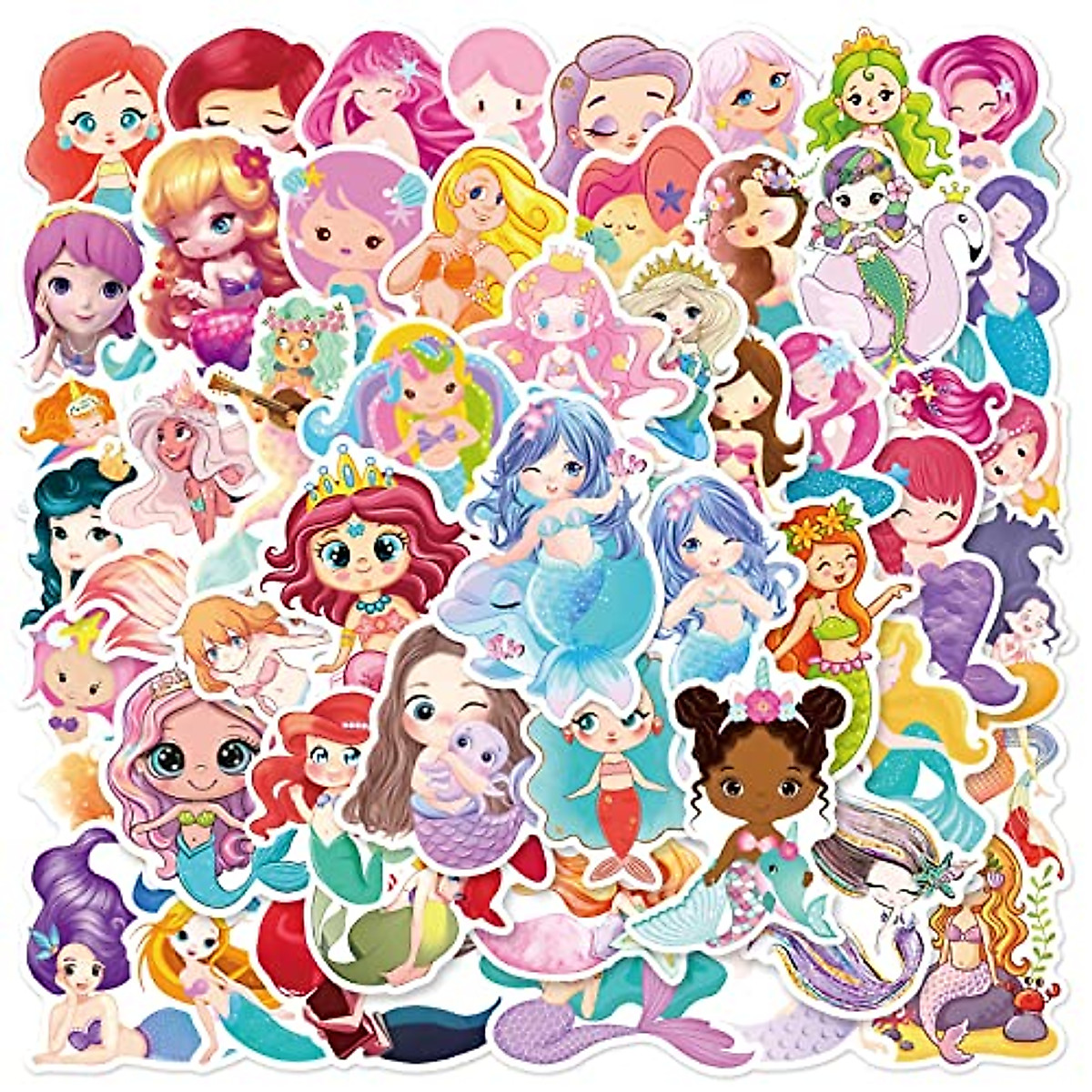 50PCS Kawaii Cartoon Mermaid Stickers Sweet Mermaid Fairy Stickers Waterproof Bedroom Wardrobe Car Skateboard Motorcycle Bicycle Luggage Guitar Laptop Phone DIY Decal Vinyl Stickers for Kid Girl (mermaid)