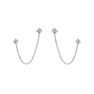 4 Prong CZ Round Stud With Chain Cuff S925 Sterling Silver Earrings for Women Cartilage Double Piercing Holes Fashion Chic Minimalist Climber Crawler Threader Tiny Small Studs Hypoallergenic Gifts (silver)