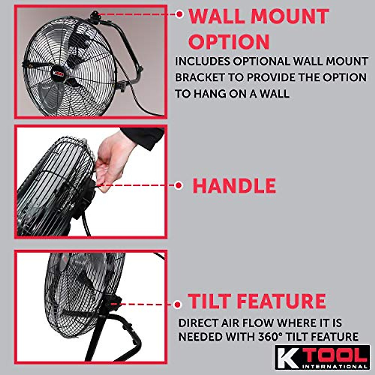 K Tool International 77721; 18” Floor Fan; Commercial, Residential, and Industrial Use, 3 Speed High Velocity Motor, Multiple Angle Tilt for Various Positions, 2,447 Max CFM, 1 Year Warranty, Black