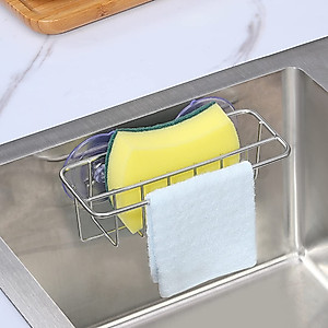 TESOT Sink Caddy Sponge Holder Dish Cloth Hanger 2 in 1 with Upgraded Suction Cups or Adhesive, SUS304 Stainless Steel, No Drilling, Silver
