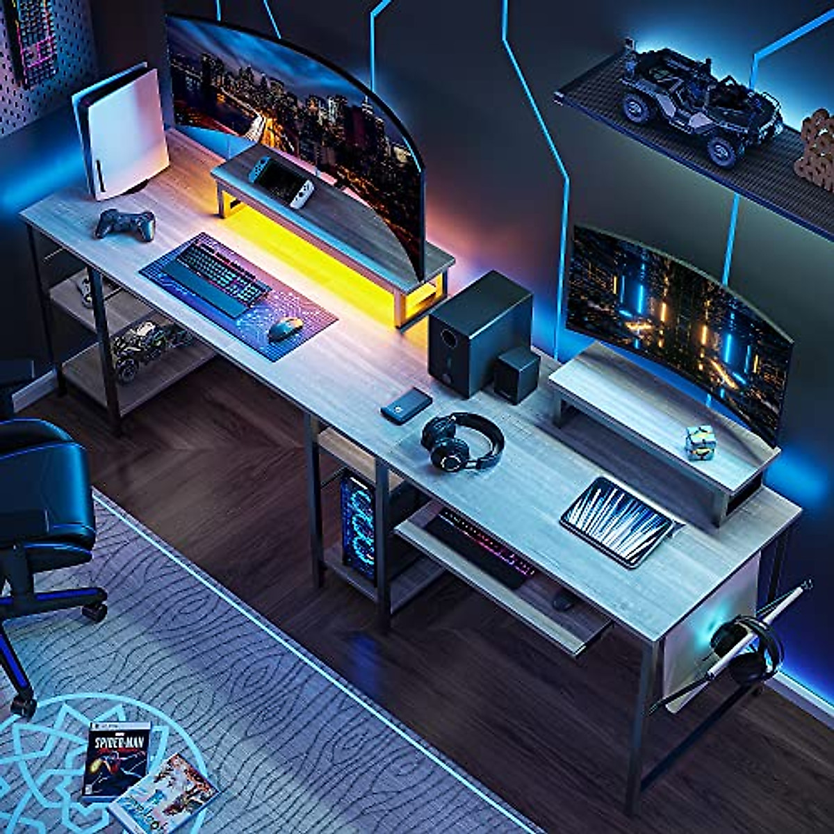 Bestier L Shaped Office Desk with Led Light 95.2 Inch Gaming Corner Desk or 2 Person Long Table with Shelves Monitor Stand and Keyboard Tray for Home Office, White Wash