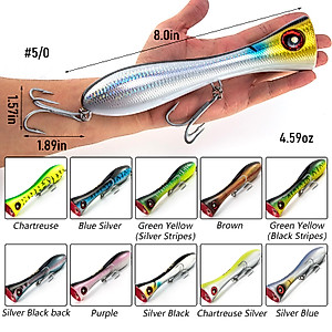 Dr.Fish 5 Pack Topwater Popper Saltwater Fishing Lures Kit, 8 Inches GT Popper VMC Treble Hooks Surf Fishing Lures for Striper Tuna Bluefish Mackerel Snapper Barracuda Pencil Plugs Offshore