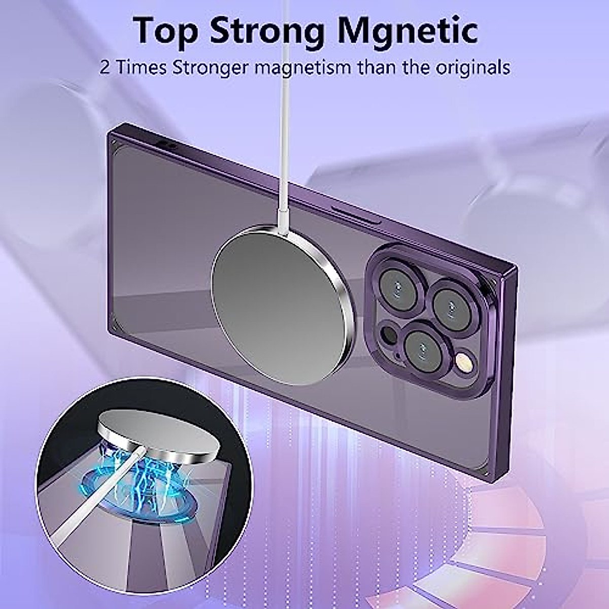 KSWOUS Magnetic Clear for iPhone 14 Pro Max Case Square, Luxury Plating Transparent Shockproof MagSafe Case with Full Camera Lens Protector for Women Girls Phone Case for iPhone 14 Pro Max-Purple