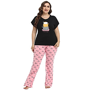 HDE Plus Size Pajamas for Women Pajama Set Two Piece Loungewear PJ Sets Love Cat Naps - 3X
