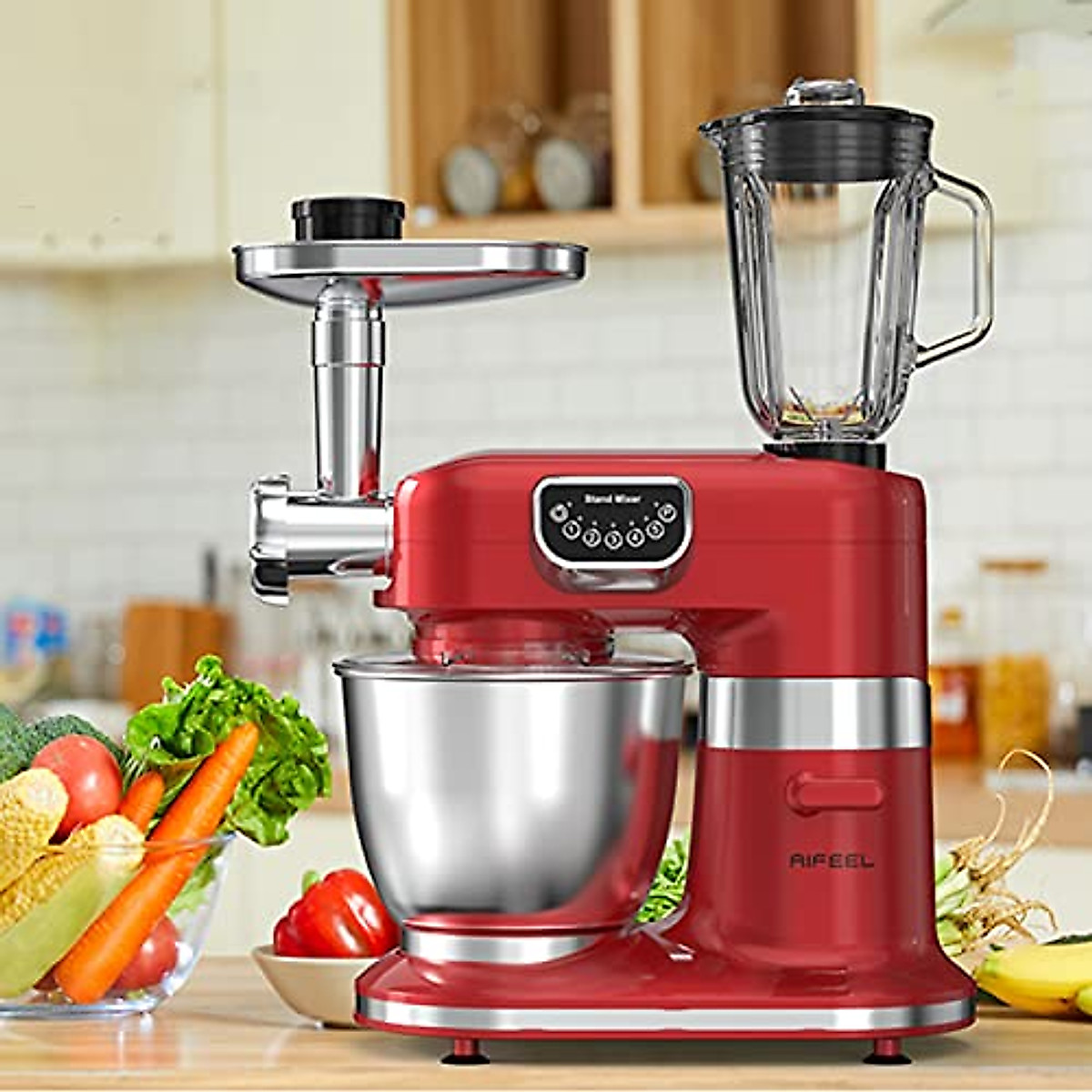 Stand Mixer, 8.5QT 8 in 1 Multifunctional Kitchen Electric Mixer with Dough Hook, Whisk, Beater,Meat Grinder, Blender, Pasta attachment, 5-Speed with LED Key (Red)