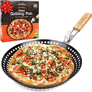 Pizza Grilling Pan (12") - Non-Stick Pan w Removable Handle to Easily Close Grill & Transport Hot Dish - High Walls for Deep Dish Pizza - Use in to BBQ Indoor & Outdoor - Holiday Christmas Gift Idea