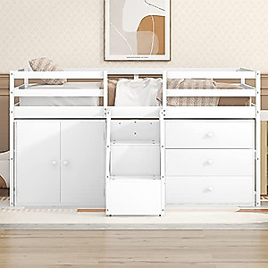 MOEO Full Size Functional Loft Bed with Cabinet, 3 Drawers and Hanging Clothes at The Back of The Staircase, Wooden Bedframe w/Movable Wheels, Maximum Space Design for Kids Bedroom, White