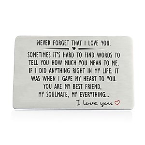 Anniversary Wallet Insert Card for Men or Women - Never Forget That I Love You, Engraved Wallet Insert for Boyfriend Husband Him, Birthday Wedding Deployment Gifts Cards for Couples