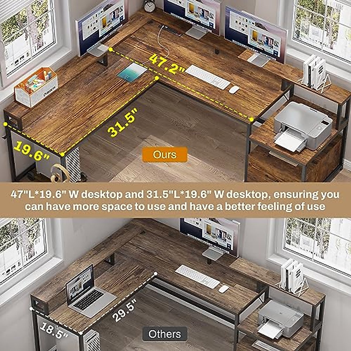 SEDETA L Shaped Desk, 66" with File Drawer & Power Outlet, Home Office Gaming Desk with Led Lights, Corner Computer Desk with Monitor Shelf, Printer Storage Shelves, Two Person Desk, Rustic Brown