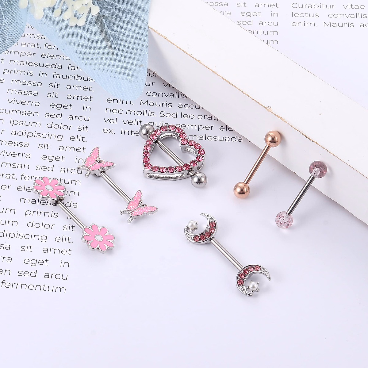 Kakonia 6 Pairs 14G Nipple Rings for Women 316L Stainless Steel Heart Butterfly Moon CZ Flower Barbell Nipple Rings Set Cute Nipplerings Piercing Jewelry