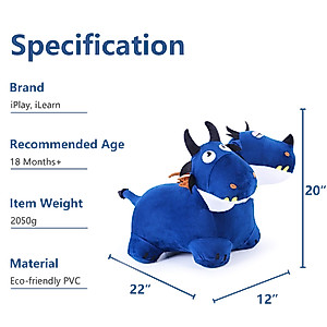 iPlay, iLearn Bouncy Pals Toddler Animal Hopper Toys, Kids Plush Blue Hopping Horse, Inflatable Ride on Dragon W/Pump, Indoor Outdoor Jumper, Birthday Stocking Gift 18 24 Month 2 3 4 Year Old Boy Girl